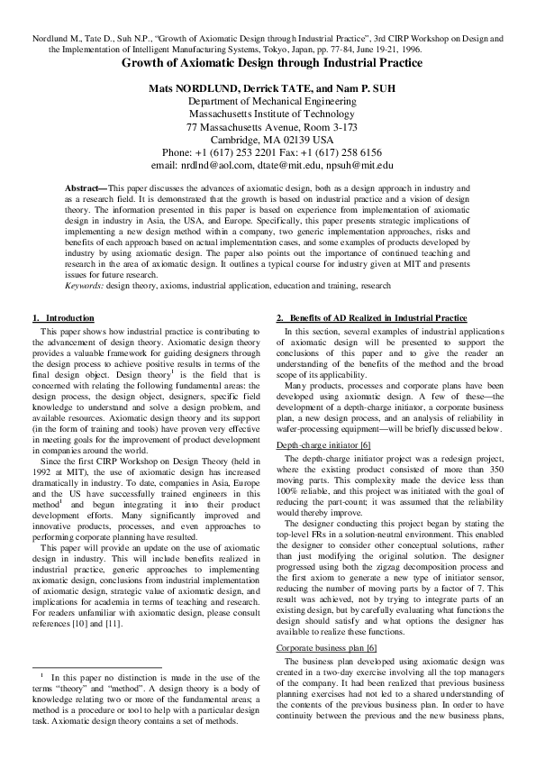 (PDF) Growth of Axiomatic Design through Industrial Practice | nam suh ...
