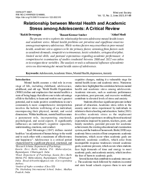 (PDF) Relationship between Mental Health and Academic Stress among ...