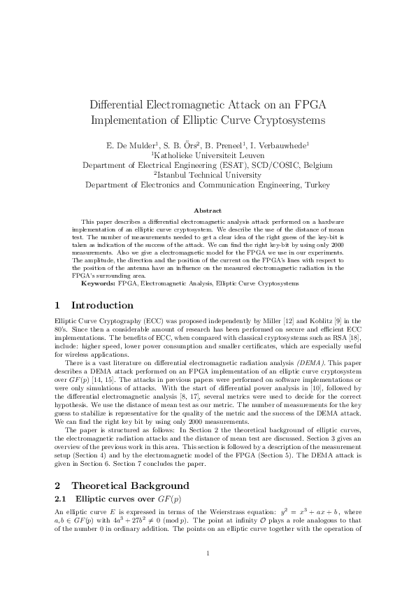 Pdf Differential Electromagnetic Attack On An Fpga Implementation Of Elliptic Curve Cryptosystems