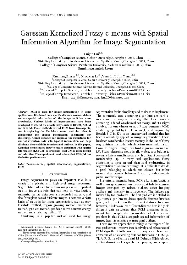 (PDF) Gaussian Kernelized Fuzzy c-means with Spatial Information Algorithm for Image Segmentation