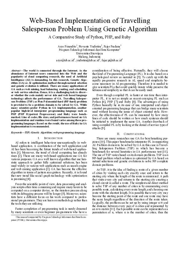 Pdf Web Based Implementation Of Travelling Salesperson Problem Using Genetic Algorithm