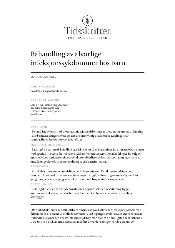 (PDF) Behandling av alvorlige infeksjonssykdommer hos barn