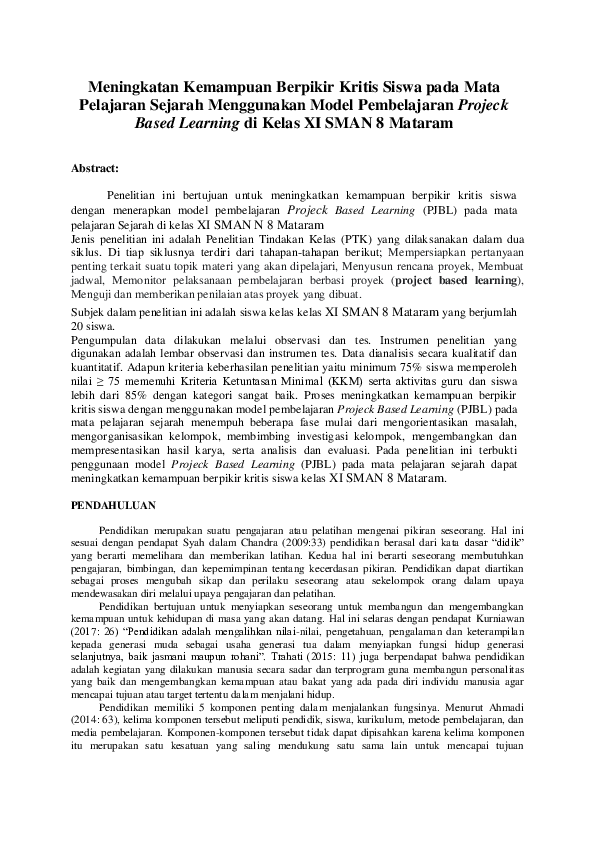 (PDF) Meningkatan Kemampuan Berpikir Kritis Siswa pada Mata Pelajaran Sejarah Menggunakan Model ...