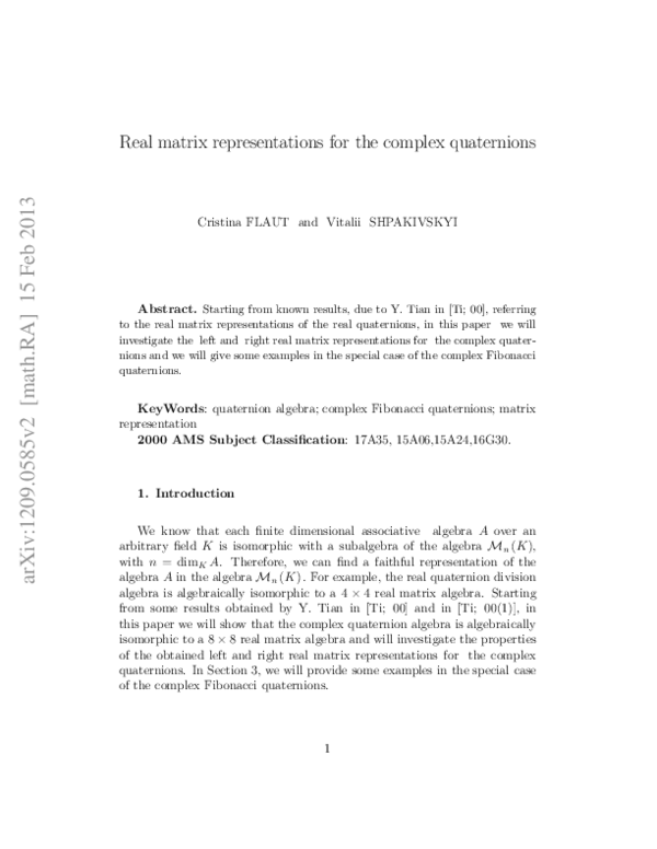 (PDF) Real matrix representations for the complex quaternions