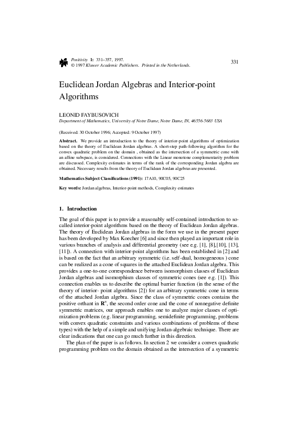 (PDF) Euclidean Jordan Algebras and Interior-point Algorithms