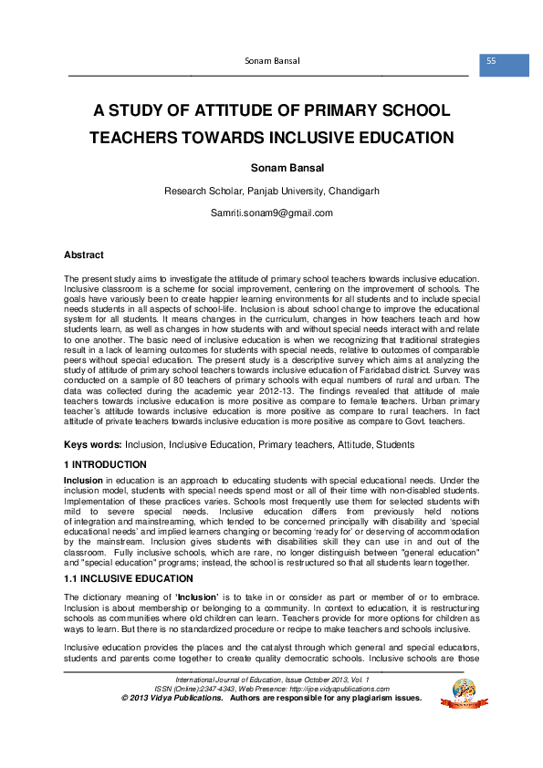 (PDF) Attitude of Primary School Teachers Towards Inclusive Education