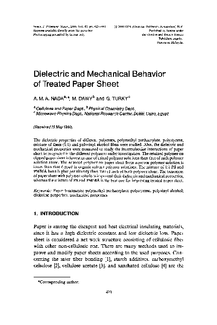 (PDF) Dielectric and Mechanical Behavior of Treated Paper Sheet