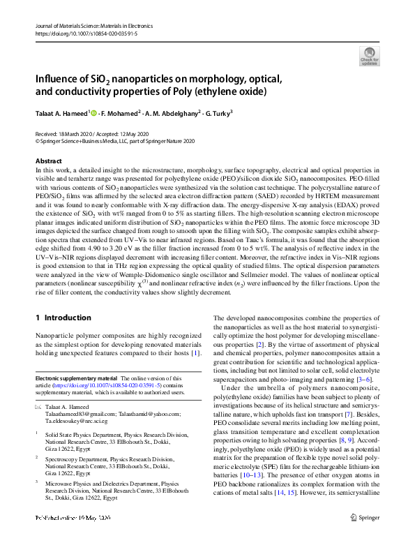 (PDF) Influence of SiO2 nanoparticles on morphology, optical, and conductivity properties of ...