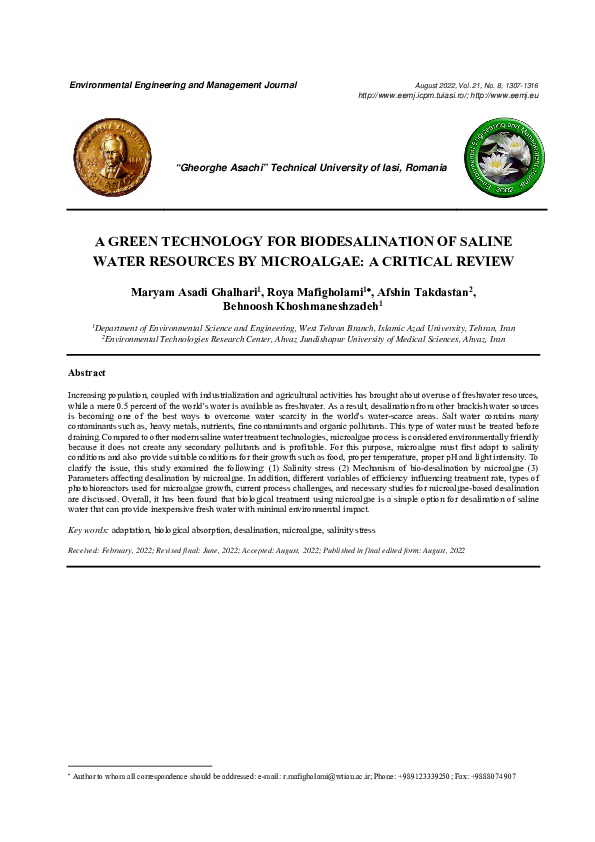 (PDF) A Green Technology for Biodesalination of Saline Water Resources by Microalgae: A Critical ...