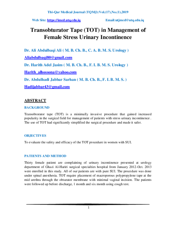 (PDF) Transobturator Tape (TOT) in Management of Female Stress Urinary ...