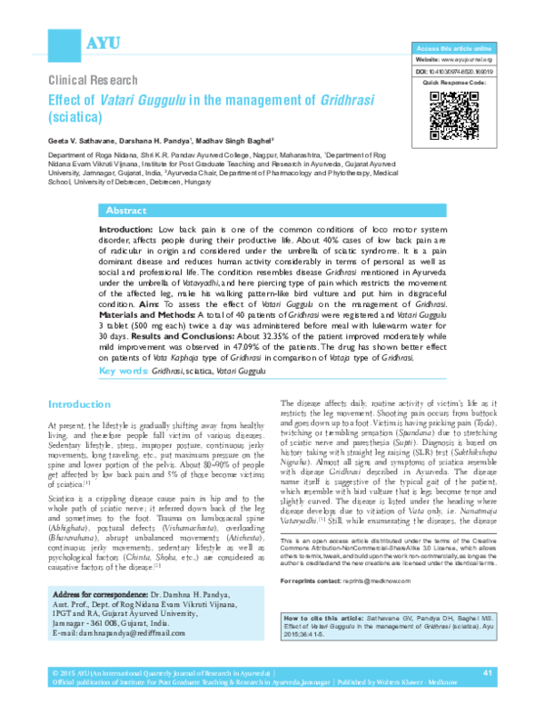 (PDF) Effect of Vatari Guggulu in the management of Gridhrasi (sciatica)