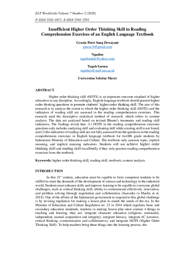 (PDF) Insufficient Higher Order Thinking Skill in Reading Comprehension ...