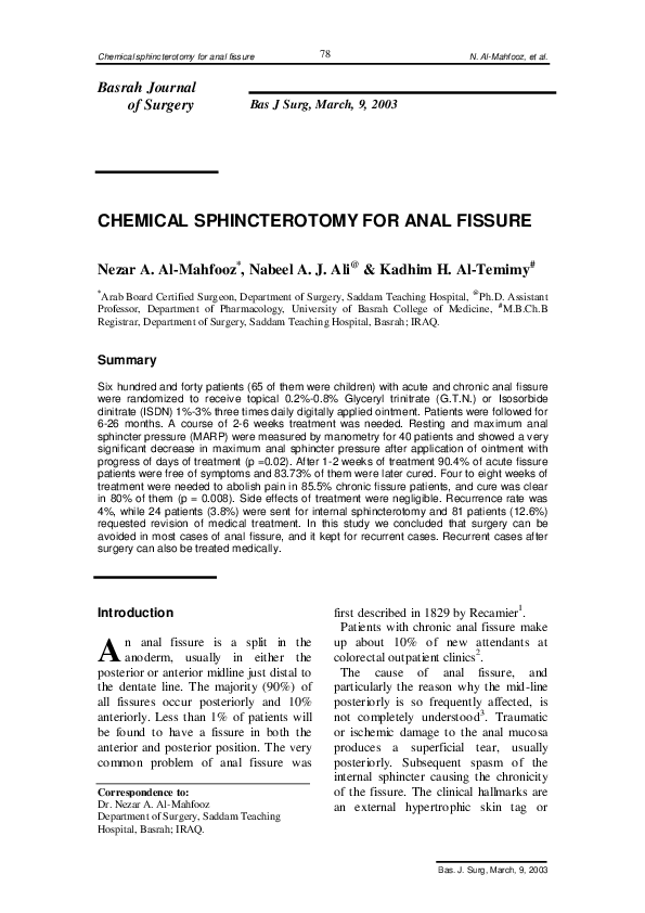 (PDF) Chemical Sphincterotomy for Anal Fissure