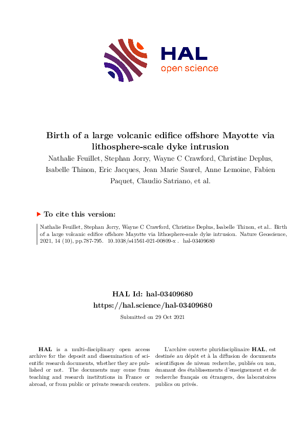 (PDF) Birth of a large volcanic edifice offshore Mayotte via ...