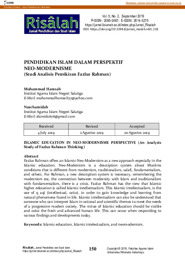 (PDF) PENDIDIKAN ISLAM DALAM PERSPEKTIF NEO-MODERNISME (Studi Analisis Pemikiran Fazlur Rahman)