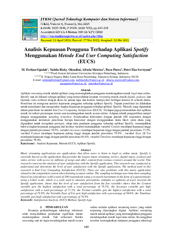 (PDF) Analisis Kepuasan Pengguna Terhadap Aplikasi Spotify Menggunakan Metode End User Computing ...