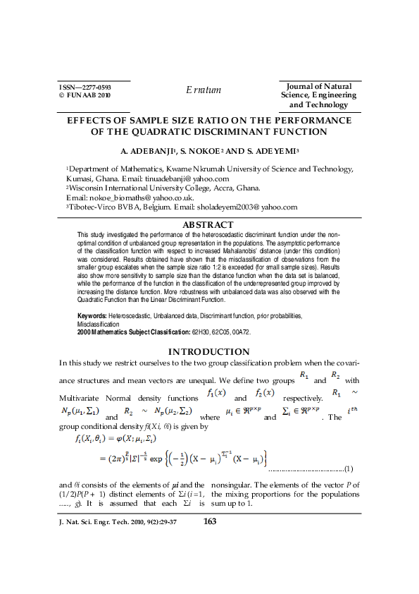 (PDF) Effects of Sample Size Ratio on the Performance of the Quadratic Discriminant Function