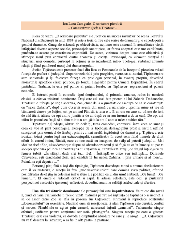 (DOC) O SCRISOARE PIERDUTA CARACTERIZARE TIPATESCU RELATIA ZOE TIPATESCU