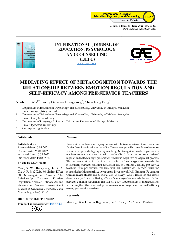 (PDF) Mediating Effect of Metacognition Towards the Relationship Between Emotion Regulation and ...