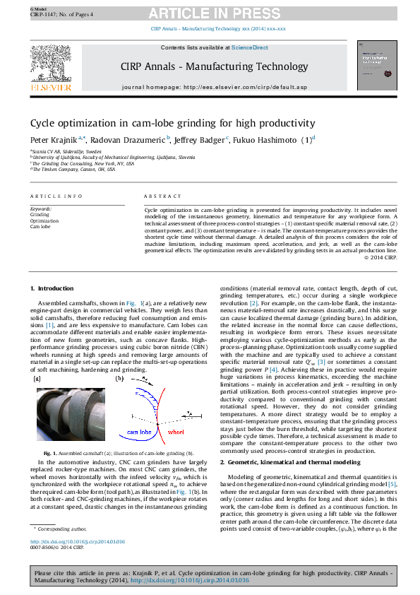 (PDF) Cycle optimization in cam-lobe grinding for high productivity