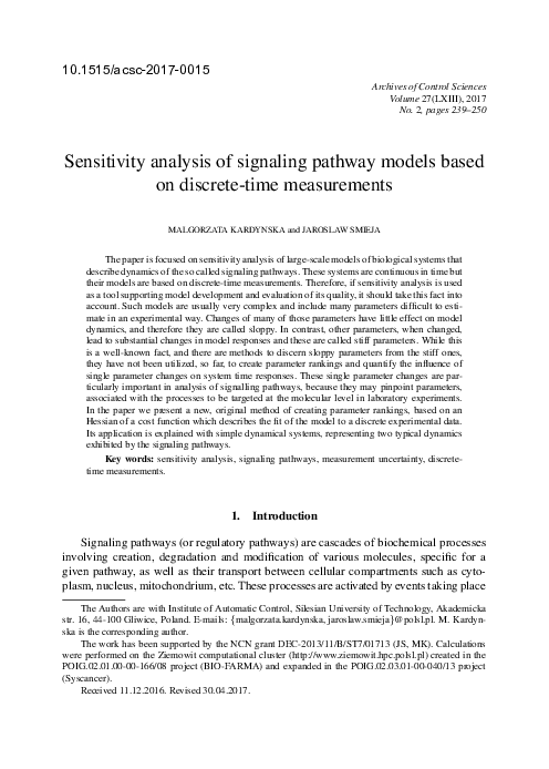 (PDF) Sensitivity analysis of signaling pathway models based on discrete-time measurements