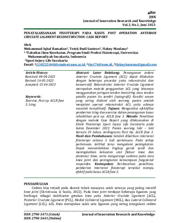 (PDF) Penatalaksanaan Fisioterapi Pada Kasus Post Operation Anterior Cruciate Ligament ...