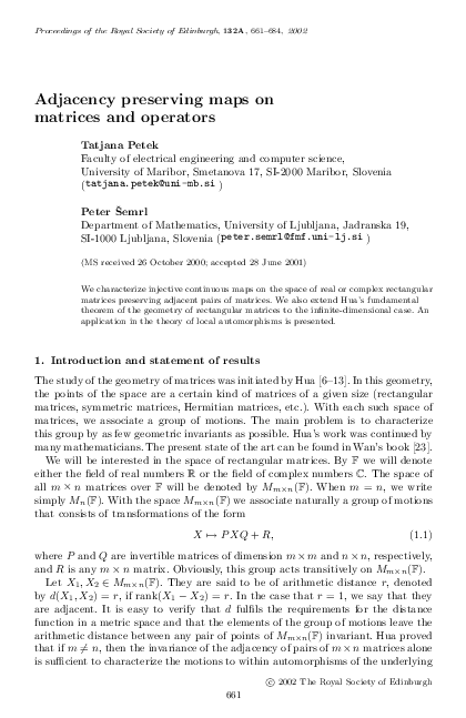 (PDF) Adjacency preserving maps on matrices and operators