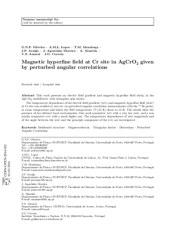 (PDF) Magnetic hyperfine field at Cr site in AgCrO2 given by Perturbed angular correlations | J ...