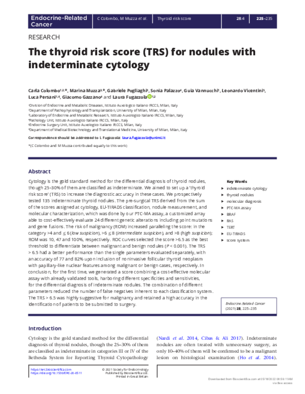 (PDF) The thyroid risk score (TRS) for nodules with indeterminate cytology