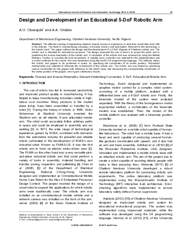 (PDF) Design and Development of an Educational 5-DoF Robotic Arm