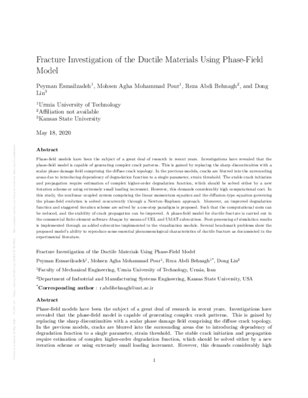Pdf Fracture Investigation Of The Ductile Materials Using Phase Field