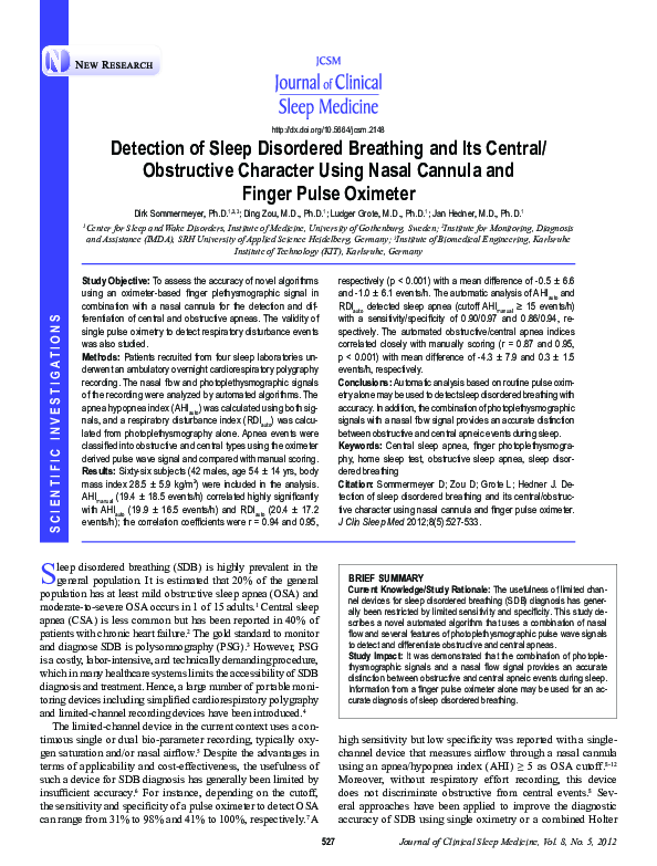 (PDF) Detection of Sleep Disordered Breathing and Its Central ...