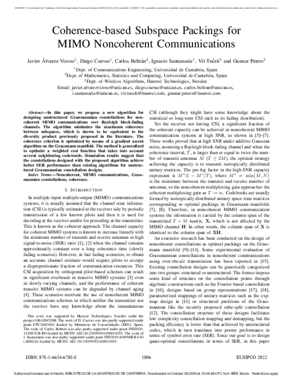 (PDF) Coherence-based Subspace Packings for MIMO Noncoherent Communications