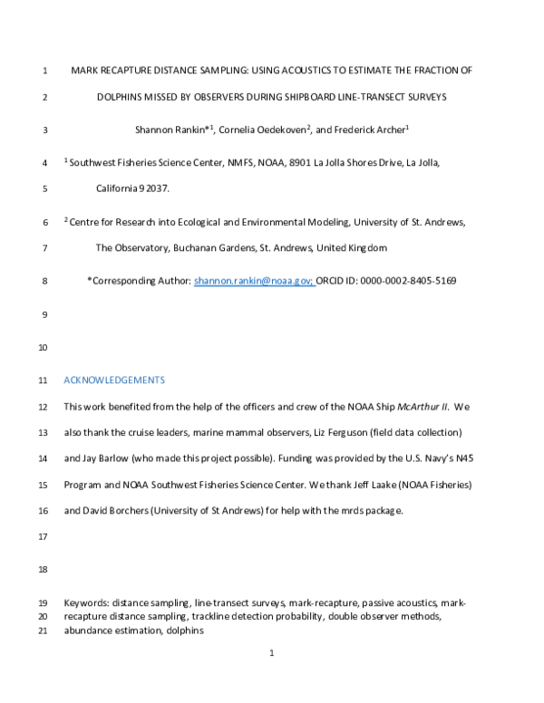 (PDF) Mark recapture distance sampling: using acoustics to estimate the ...