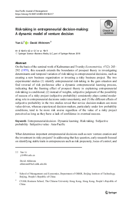 (PDF) Risk-taking in entrepreneurial decision-making: A dynamic model ...