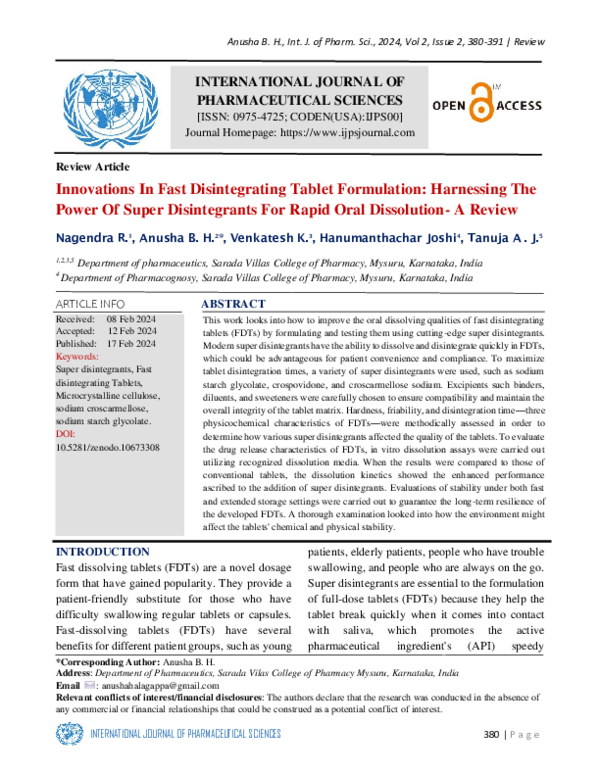 (PDF) Innovations In Fast Disintegrating Tablet Formulation: Harnessing ...