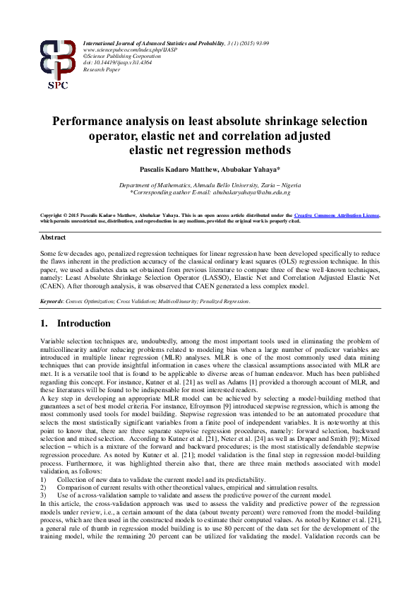 Pdf Performance Analysis On Least Absolute Shrinkage Selection Operator Elastic Net And