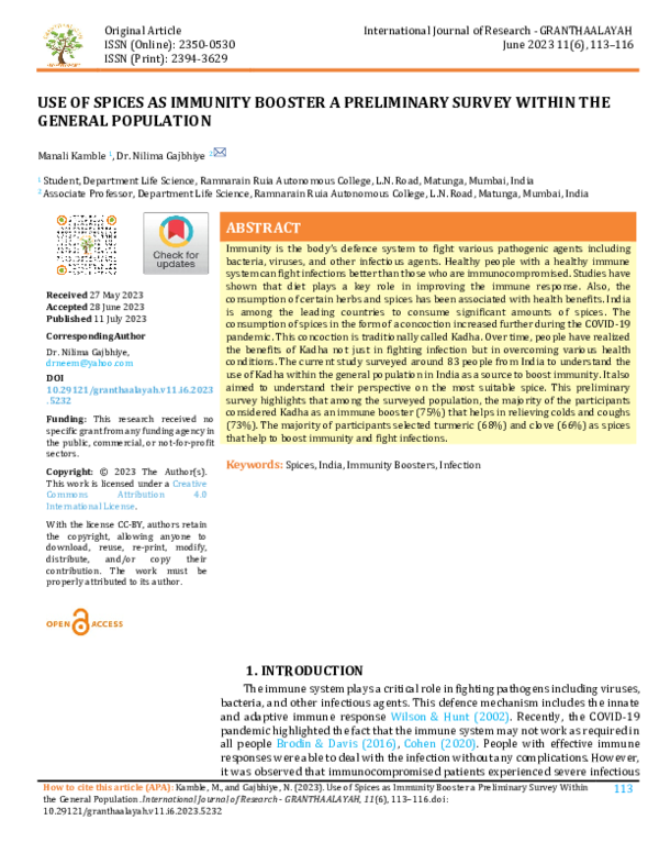 (PDF) Use of Spices as Immunity Booster a Preliminary Survey Within the ...