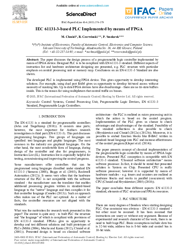 (PDF) IEC 61131-3-based PLC Implemented by means of FPGA