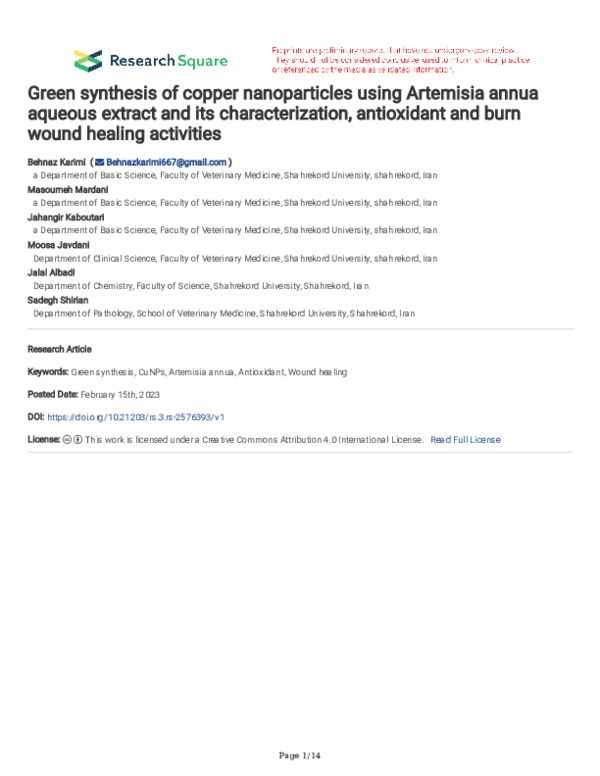 (PDF) Green synthesis of copper nanoparticles using Artemisia annua aqueous extract and its ...