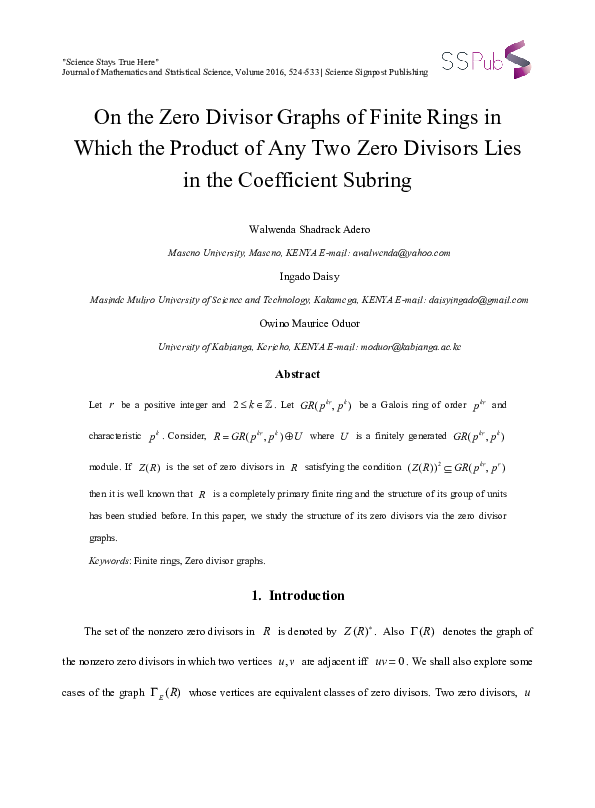 (PDF) On the Zero Divisor Graphs of Finite Rings in Which the Product ...