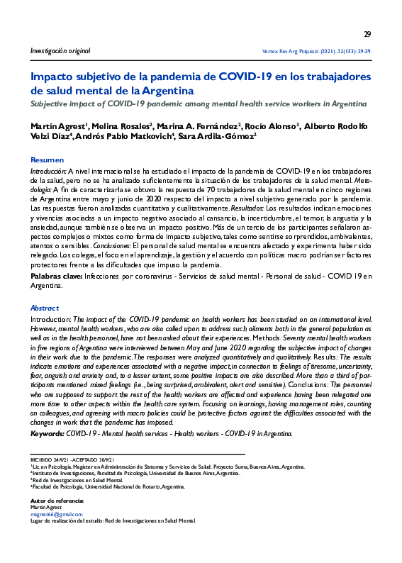 (PDF) Impacto subjetivo de la pandemia de COVID-19 en los trabajadores de salud mental de la ...