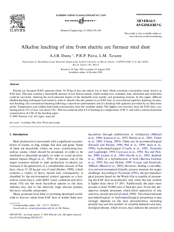 (PDF) Alkaline leaching of zinc from electric arc furnace steel dust