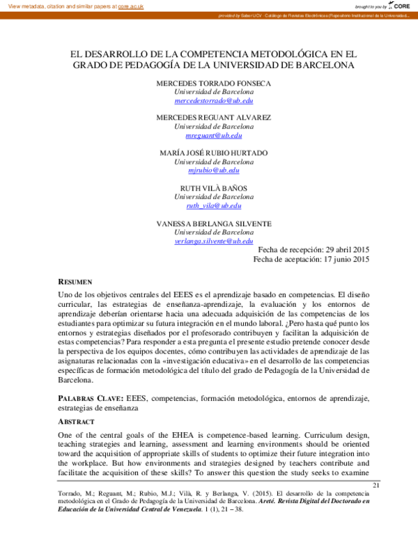 (PDF) El Desarrollo de la Competencia Metodológica en el Grado de Pedagogía de la Universidad de ...