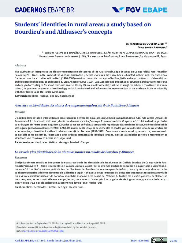 (PDF) Students’ identities in rural areas: a study based on Bourdieu’s and Althusser’s concepts