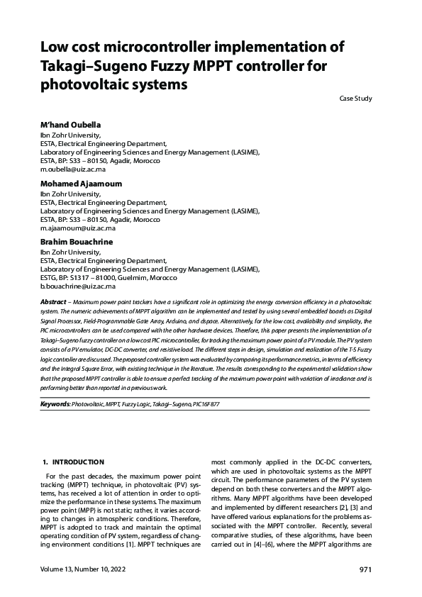 Pdf Low Cost Microcontroller Implementation Of Takagi Sugeno Fuzzy Mppt Controller For