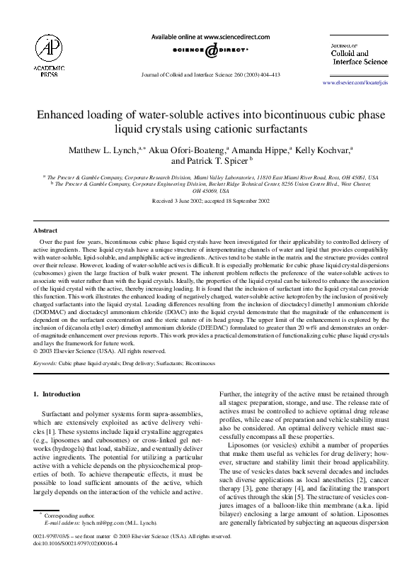 (PDF) Enhanced loading of water-soluble actives into bicontinuous cubic ...