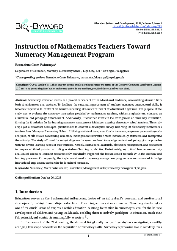 (PDF) Instruction of Mathematics Teachers Toward Numeracy Management ...