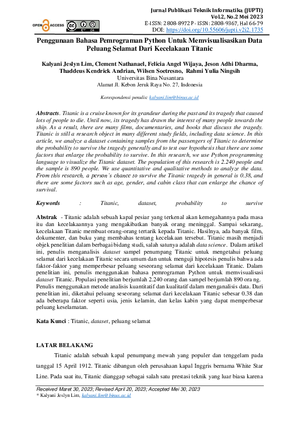 (PDF) Penggunaan Bahasa Pemrograman Python Untuk Memvisualisasikan Data Peluang Selamat Dari ...