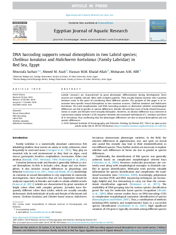 (PDF) DNA barcoding supports sexual dimorphism in two Labrid species ...